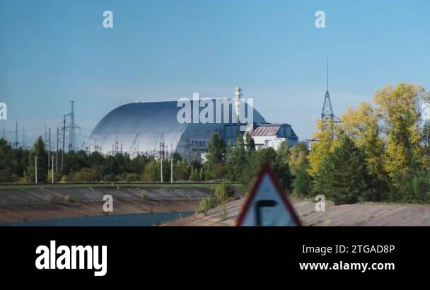 Sarcophagus Chernobyl, fourth reactor, shelter. Metal hangar, view from ...