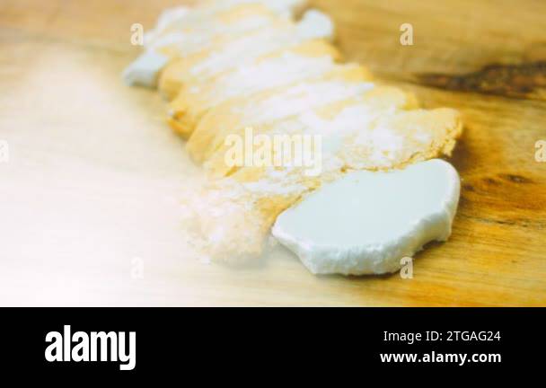 Puff pastry with cream. The cake is round in shape. The destroyed cake ...