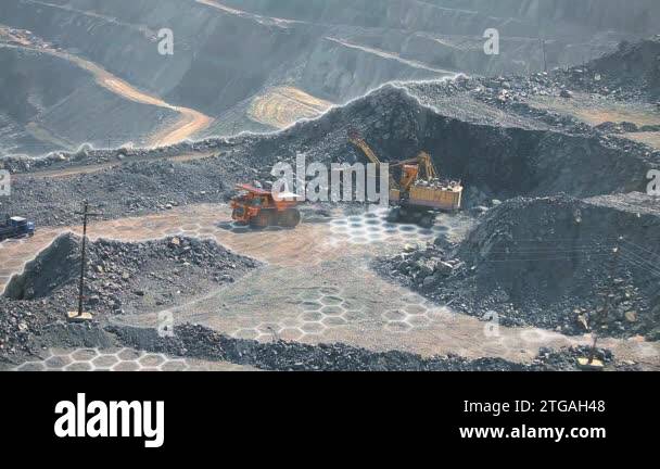 Visualization of the temporary coal mining industry. The modern quarry truck drives through the ...