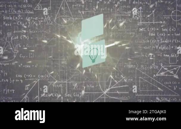 Animation of flow chart of icons, globe and lens flare over mathematical equations in background ...