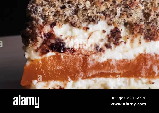 Dessert and sweet food, slice of layered cake with cream, caramel and ...