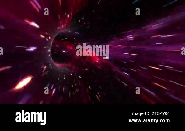 Abstract dark red blue hyperspace warp tunnel through time and space animation. 4K 3D Loop Sci ...