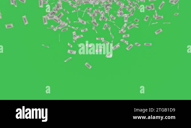 Animation of 100 dollar bills falling on green screen or chroma key ...