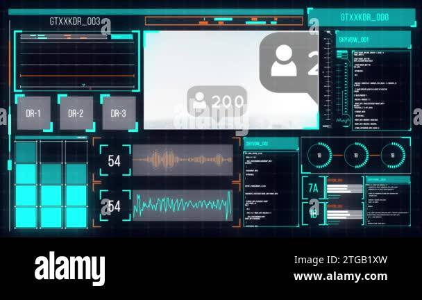Animation of digital screen with data processing and social media ...
