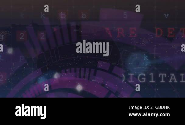 Animation of circles, radars, multiple texts, letter, symbols and numbers over abstract ...