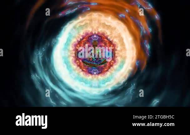 Seamless loop alien meditating or doing yoga on a psychedelic ...