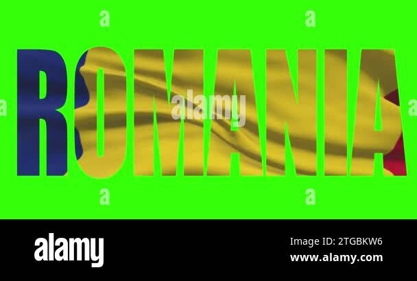 Romania country lettering word text with flag waving animation on green ...