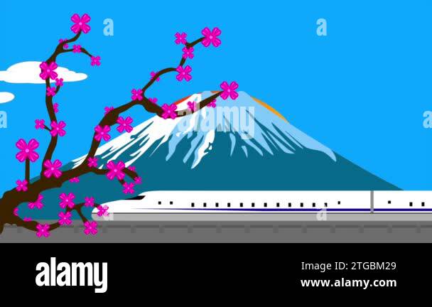 Animated drawing of Mount Fuji where the sun rises and the train passes ...