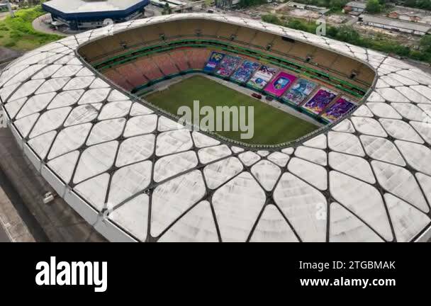 Panorama aerial view of Amazon Arena Soccer Stadium at downtown city ...