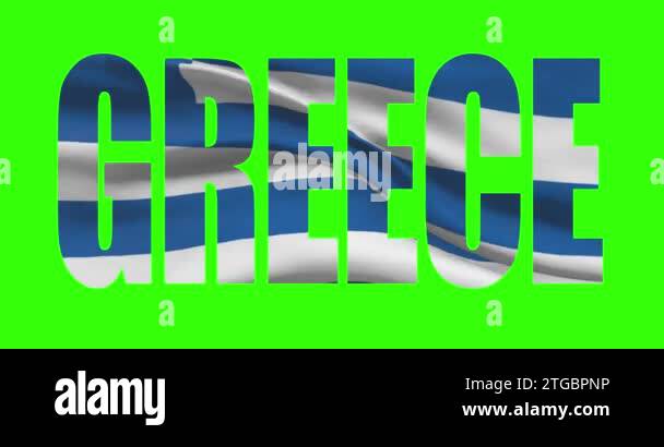 Greece country lettering word text with flag waving animation on green ...
