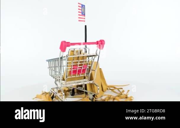 Malaysia flag with supermarket handcart and cardboard boxes video, 4K 60 fps, online marketing ...