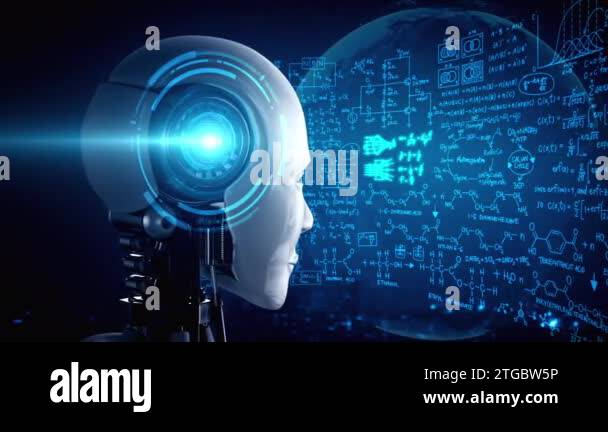 hominoid AI robot looking at hologram screen in concept of math calculation and scientific ...