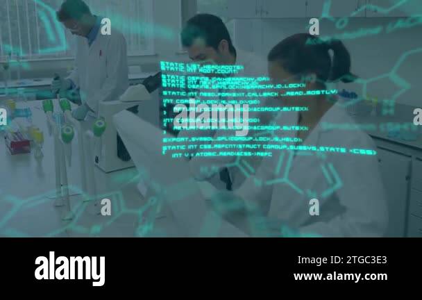 Animation of scientific data over caucasian male and female scientists in laboratory. global ...