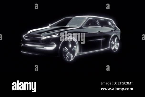 Lighted concept of modern black SUV car exhibited in a dark showroom ...