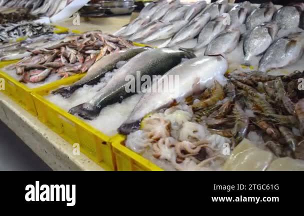 Fresh seafood market in Batumi Georgia. Live fish in ice. Flounder, red ...