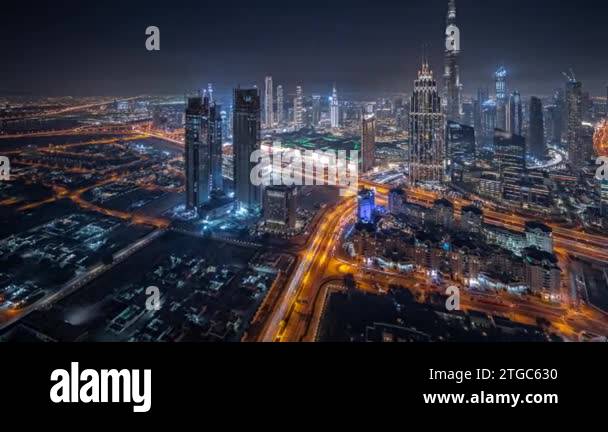 Panorama showing aerial view of tallest towers in Dubai Downtown ...