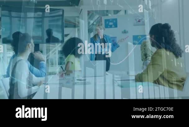 Animation of graphs, numbers over diverse coworkers discussing ideas with female boss in office ...