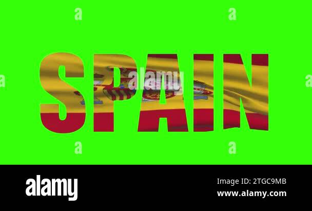 Spain country lettering word text with flag waving animation on green ...