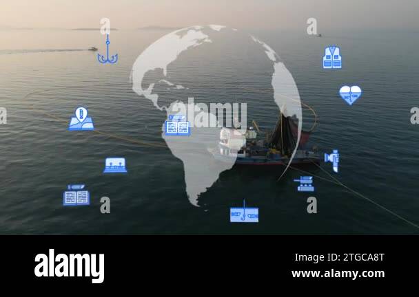 Fishing Boat with Large Catch Fish Swirling Flock Gulls Aerial View ...