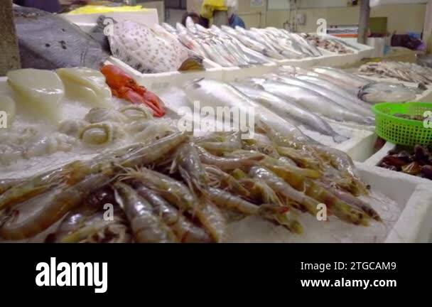 Fresh seafood market in Batumi Georgia. Live fish in ice. Flounder, red ...