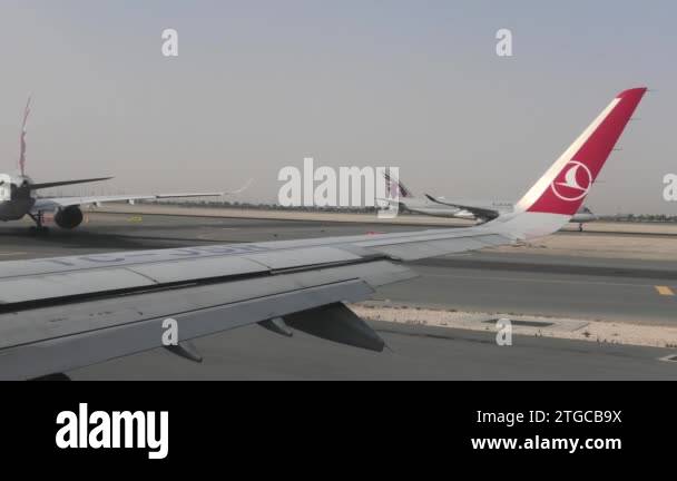 Doha, Qatar - February 24, 2019: airplanes in queue taxiing on the ...
