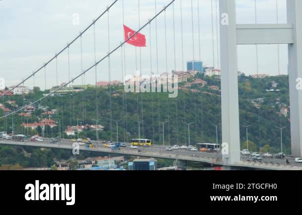 Bosphorus bridge from Nakkastepe park, 15 July Martyrs Bridge with cars ...