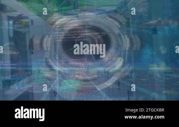 Animation of arc reactor, programming language and trading board over cropped hands using ...