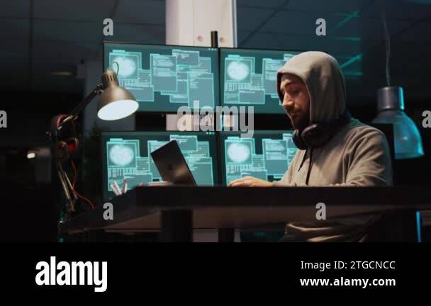 It Criminal Hacking System At Night Using Virus To Produce Computer Malware And Server Error