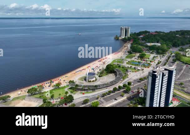 Ponte Negra beach at downtown Manaus Brazil. Landmark beach attraction ...