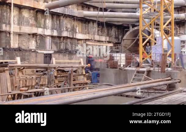 Inside large huge ditch pit tunnel timelapse. Reinforcing structures ...