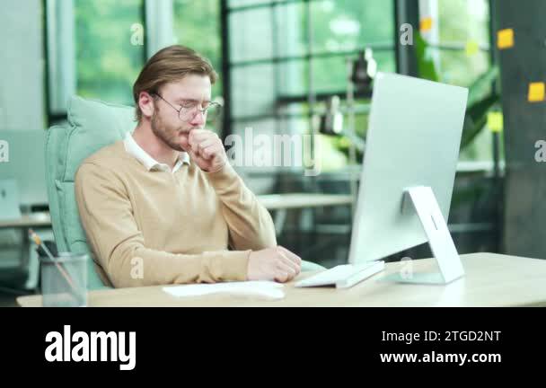 Sick business man employee blowing running nose sneezing and coughing ...