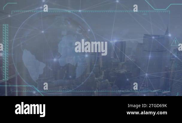 Animation of connected dots and rotating globe and lens flare over city ...