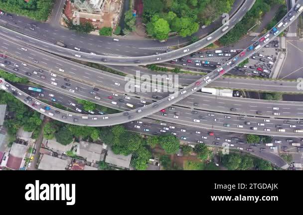 Stacked road levels at complex junction, top-down aerial shot. Large ...