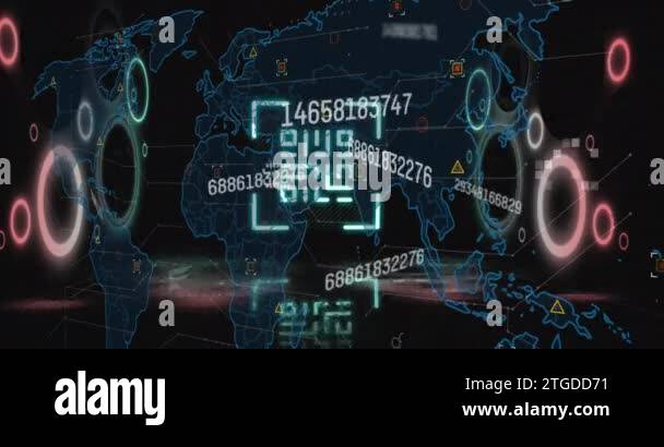 Animation of qr code and numbers processing over world map. Global ...