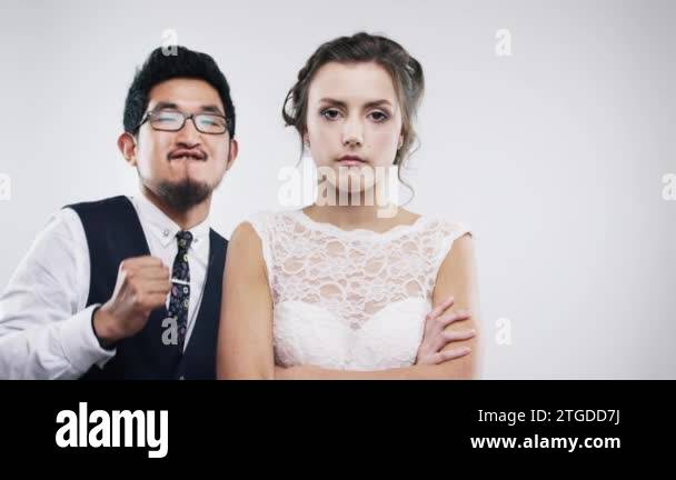 Upset bride and husband dance after wedding ceremony or party ...