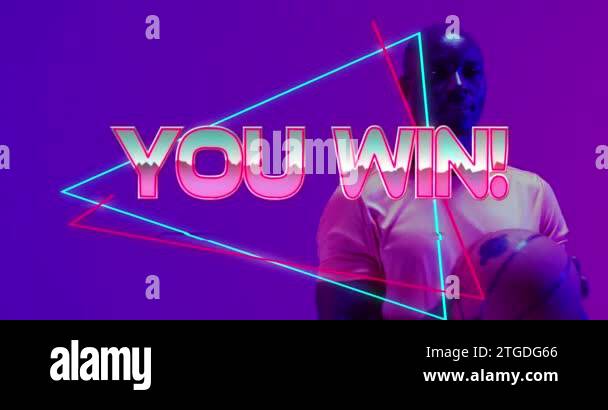 Animation of you win text over neon pattern and african american ...
