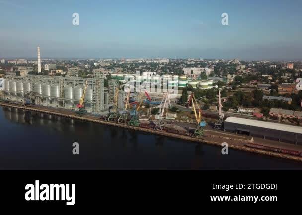 Grain storage terminal and cranes in the industrial area of the port ...
