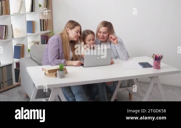 Online communication. Little girl. Family support. Cute kid typing ...