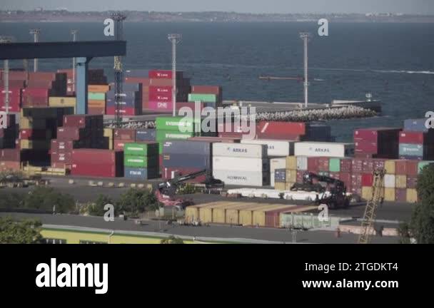 Cargo container terminal port in Odessa. Cargo port with working harbor ...