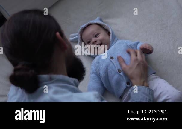 Authentic Bearded Long-haired Young Neo Father And Newborn Baby Looking ...