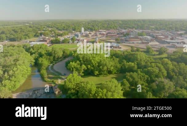 An aerial view of Fairbury, NE. The camera moves slowly from left to ...