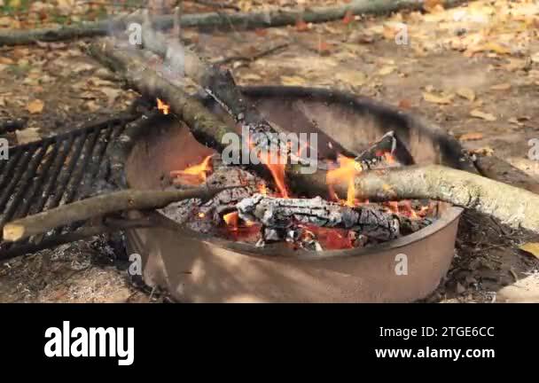 Sticks and logs burning in campfire, camping and cooking over fire at ...