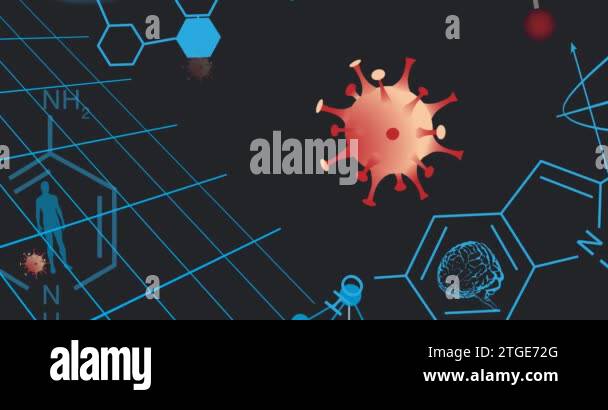 Animation of falling cells and chemical formulas over black background ...