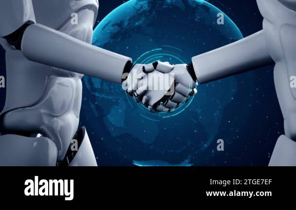 3D rendering hominoid robot handshake to collaborate future technology development by AI ...