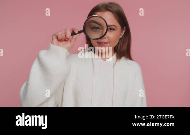 Investigator researcher scientist woman holding magnifying glass near ...