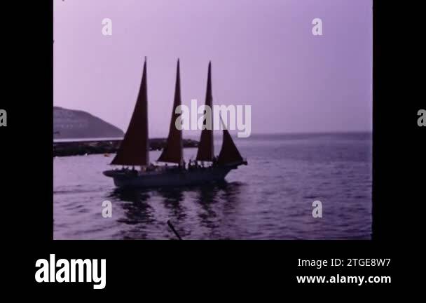 Gran Canaria, Spain June 1974: Sailing ship sails from the port scene ...
