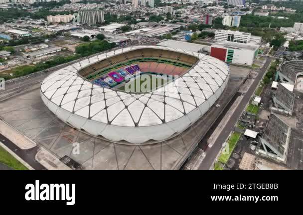 Panorama aerial view of Amazon Arena Soccer Stadium at downtown city ...