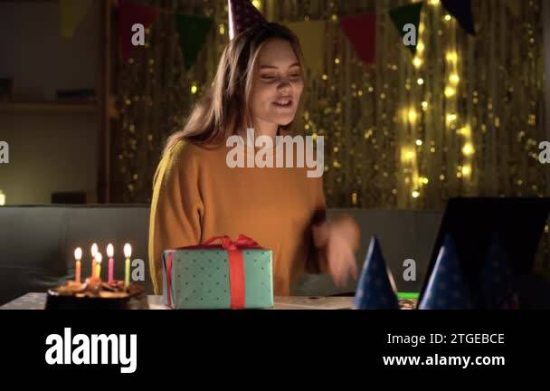 Birthday online. Young woman remotely celebrate with their friend happy ...