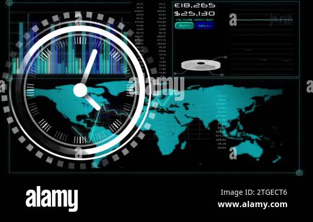 Ticking digital clock over interface with data processing against black ...