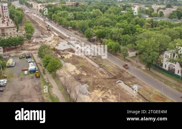 Panoramic aerial view of bulldozer, industrial truck loader excavator ...